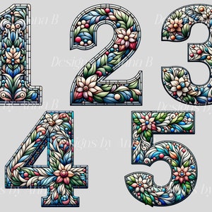 Watercolor Stained Glass Floral Numbers Clipart (PNG Files) - Etsy