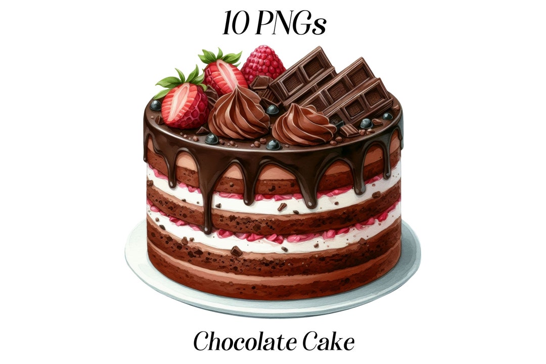 Watercolor Chocolate Cake Clipart: 10 PNG Dessert Graphics (digital ...