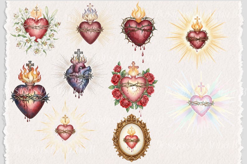 Sacred Heart Clipart: Vintage Catholic Art, Jesus, Roses (PNG Digital ...