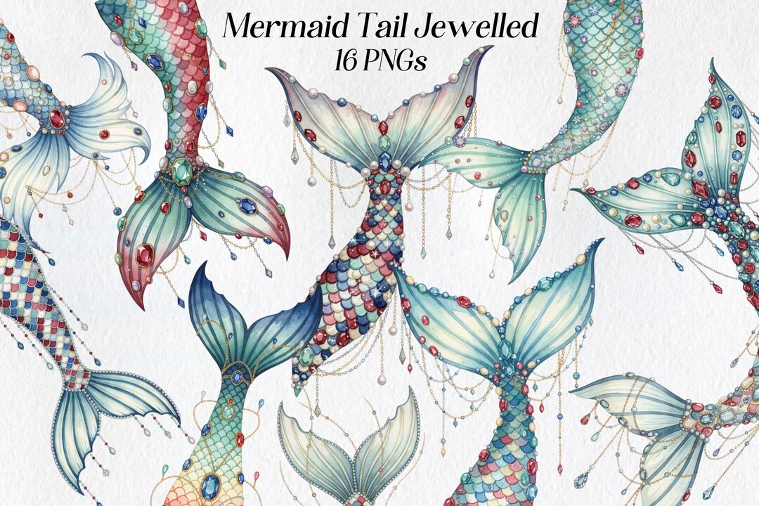 Mermaid Tail Clipart Set: Watercolor Jewelled Fantasy Pngs (digital ...