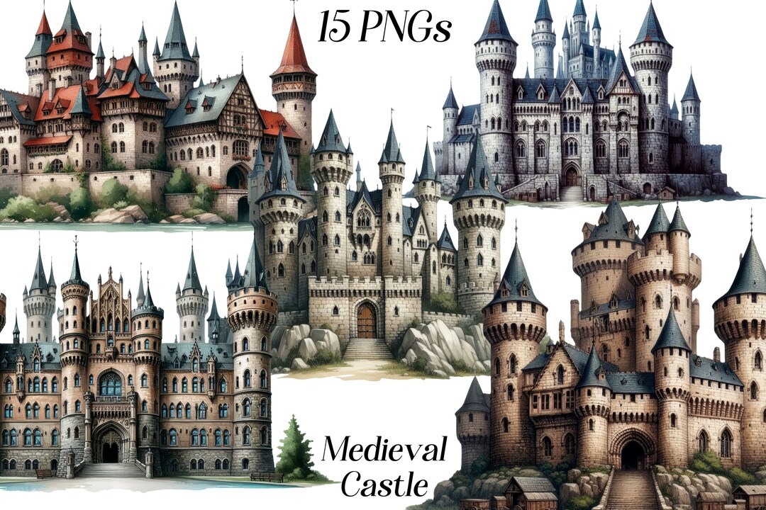 Watercolor Medieval Castle Clipart, 15 PNG Files, Princess Castle, Old ...