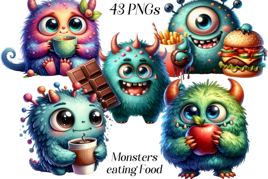 Watercolor Monsters Eating Food Clipart, 43 PNG Files, Cute Creatures ...
