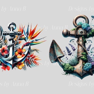 Watercolor Floral Anchors Clipart, 15 High Quality PNG Files, Nautical ...