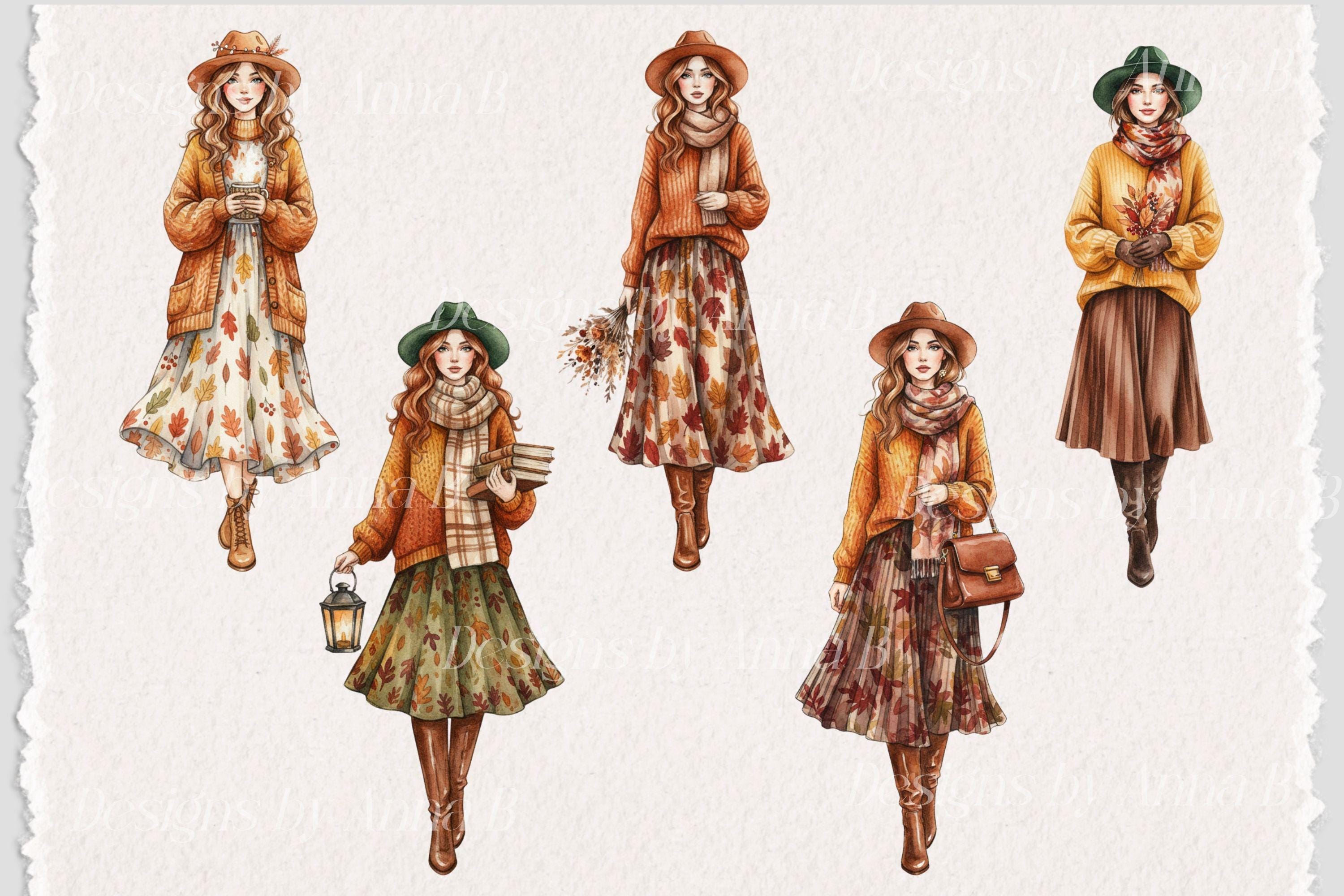 Autumn Girl Clipart: Fall Fashion PNG Illustrations (digital Download ...