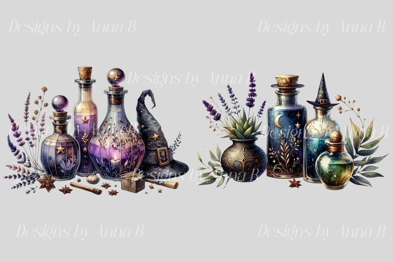 Watercolor Witches Potions Clipart: Fantasy Magic PNG (digital Download ...