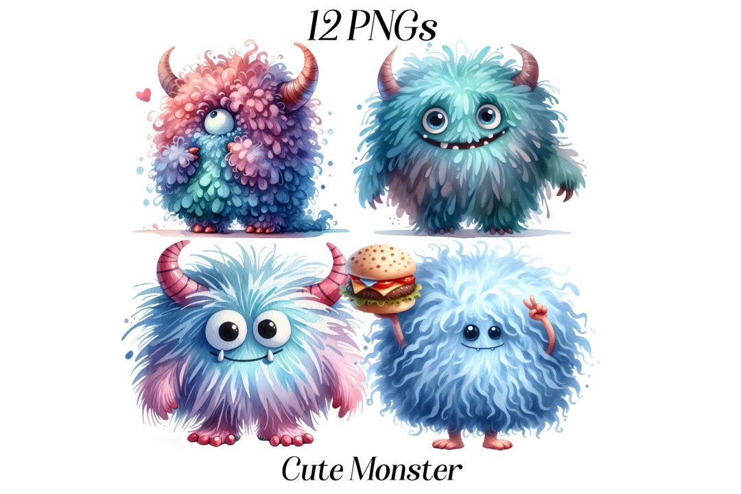 Watercolor Cute Monster Clipart, 12 PNG Files, Blue Creature, Digital ...