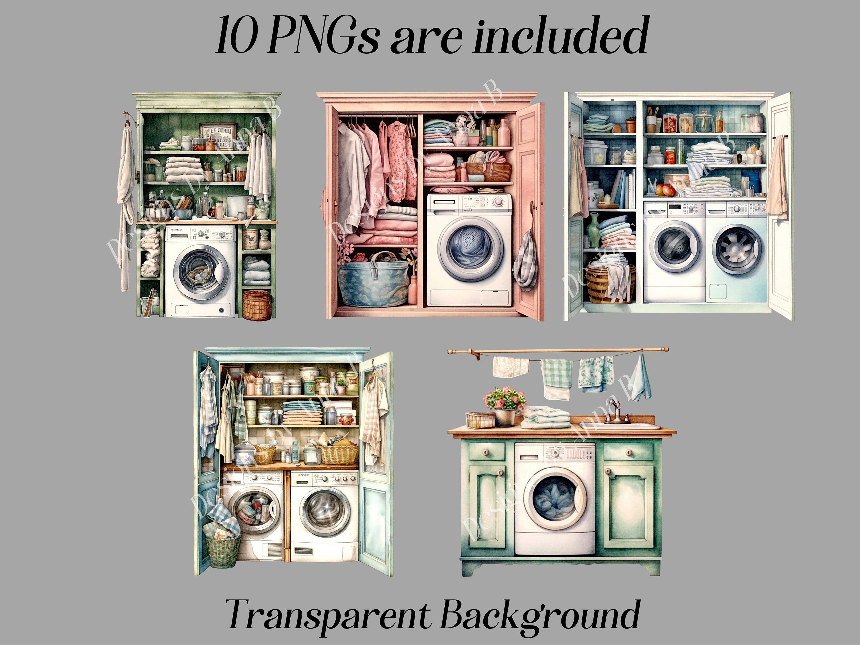 Watercolor Laundry Room Clipart: 10 PNG & JPEG Files (digital Download ...