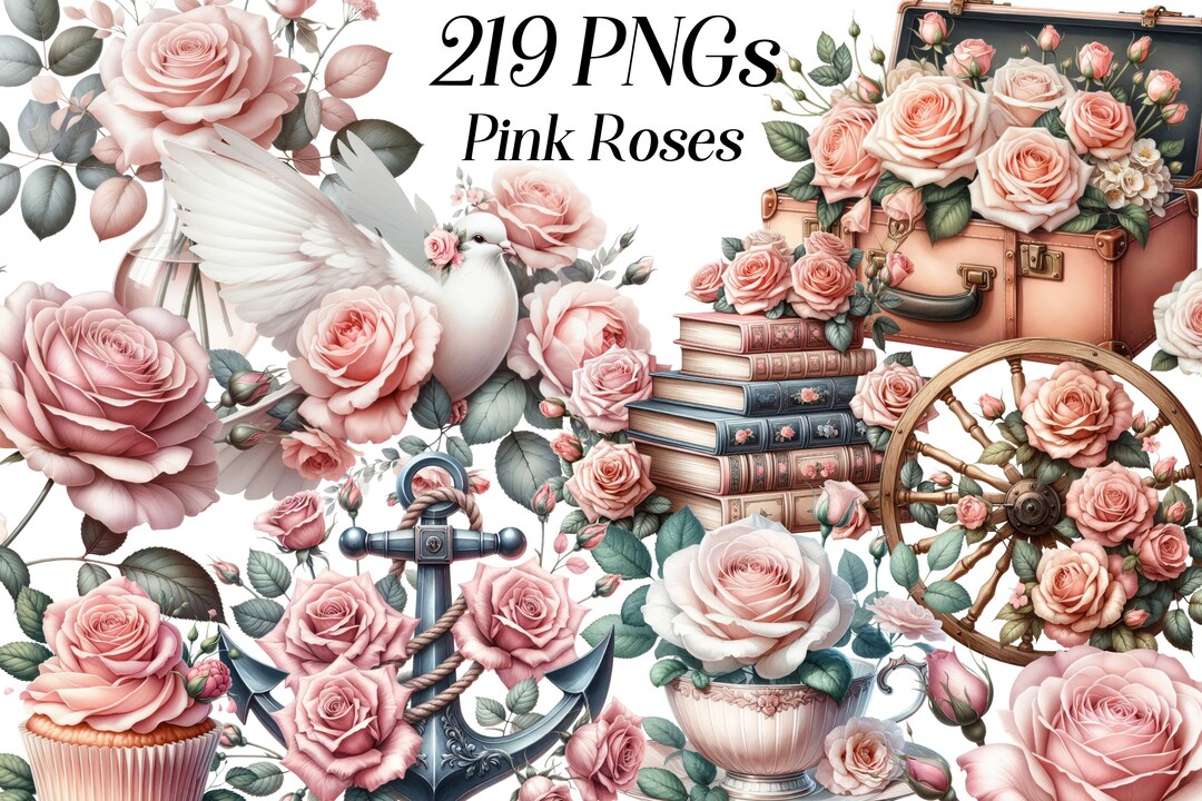 Watercolor Pink Roses Clipart Bundle: 219 PNG Floral Graphics (digital ...