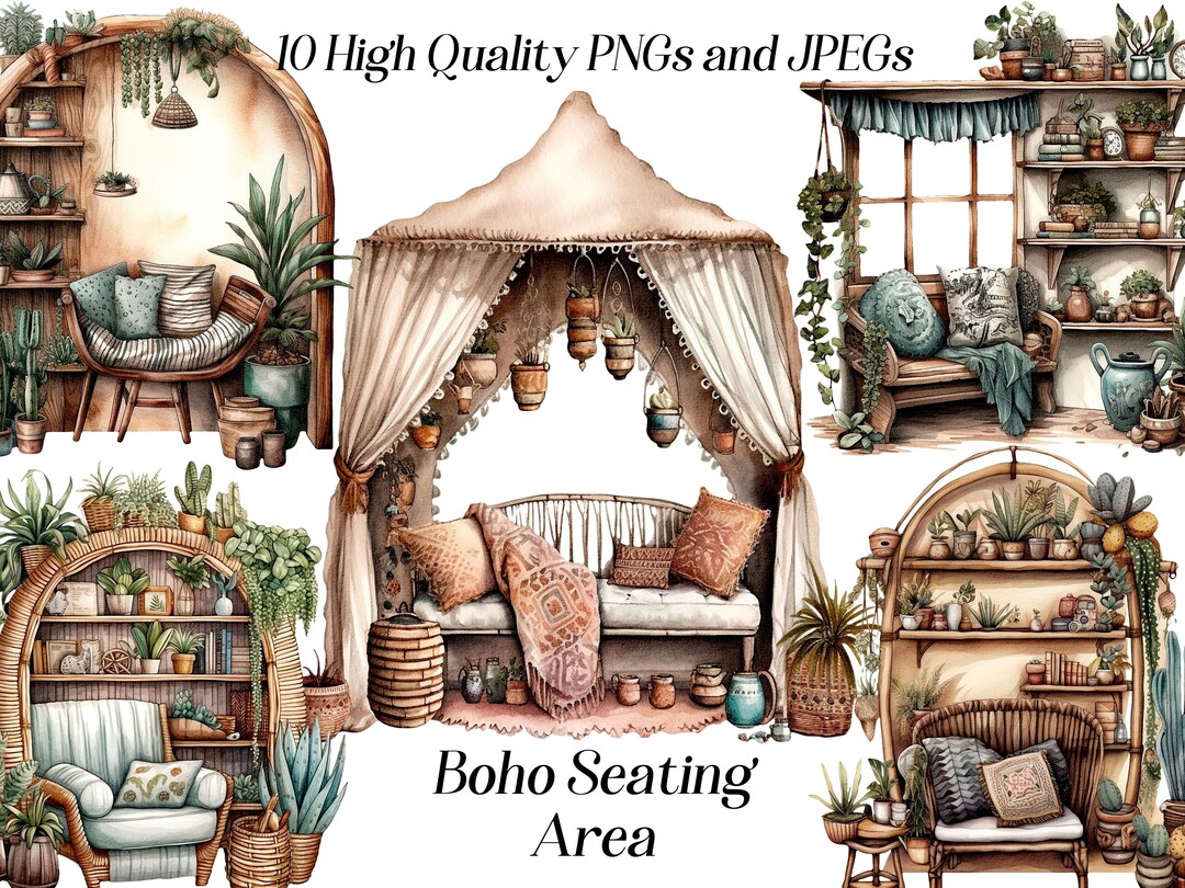 Watercolor Boho Room Clipart: Cozy Interior, Furniture (JPEG, PNG) - Etsy