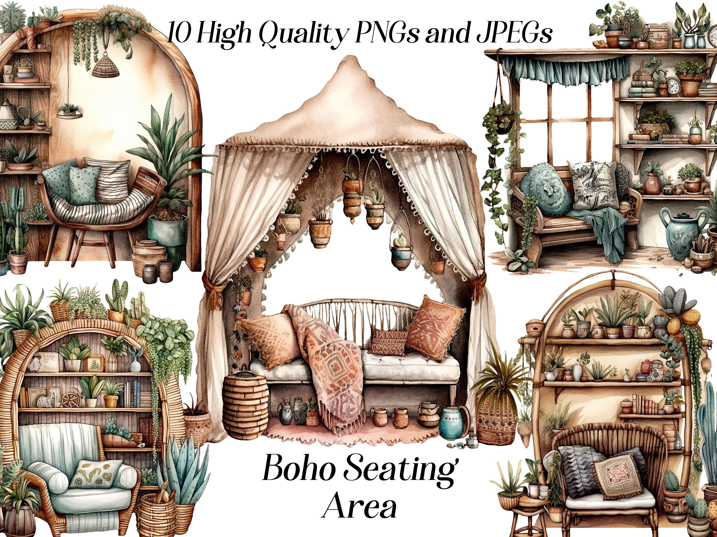 Watercolor Boho Seating Area Clipart 10 High Quality JPEG and - Etsy