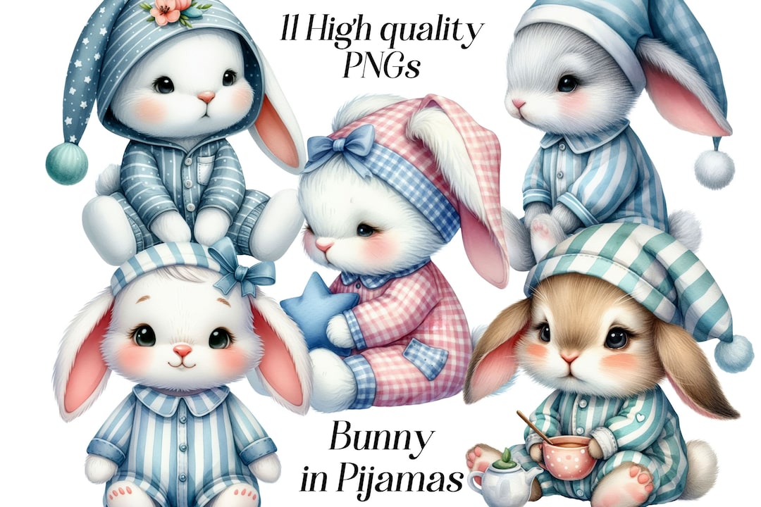 Watercolor Bunny in Pijamas Clipart, 11 High Quality PNG Files, Cute ...