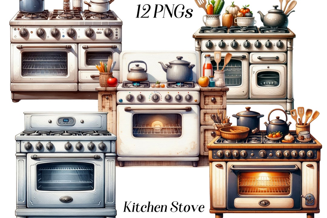 Watercolor Kitchen Stove Clipart, 12 PNG Files, Cooking Images, Kitchen ...