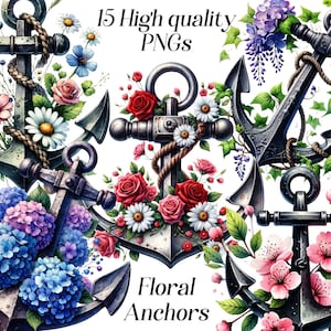 Watercolor Floral Anchors Clipart, 15 High Quality PNG Files, Nautical ...