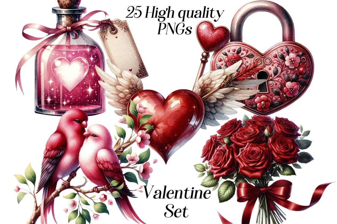 Watercolor Valentine Clipart Set: Hearts, Bouquet (PNG Files, Digital ...