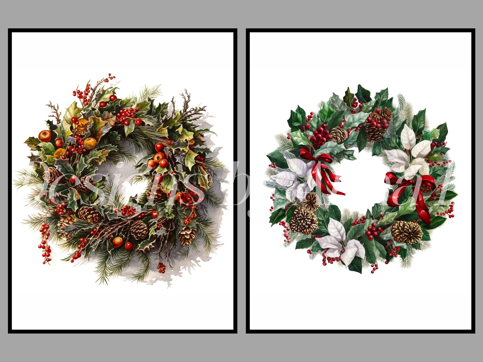 Watercolor Christmas Wreath Clipart: Holiday PNG & JPEG Files (digital ...
