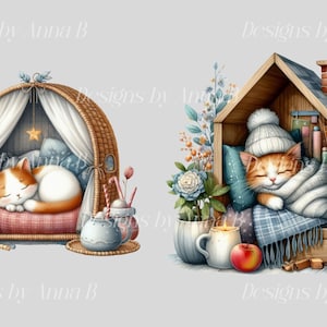 Watercolor Sleeping Cat Clipart, 10 High Quality PNG Files, Cute Cat ...