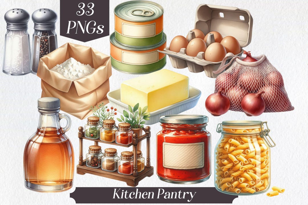 Kitchen Pantry Clipart - Cute Food and Pantry Items PNG, Jars, Spices, Cooking and Baking ...