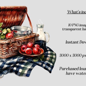 Watercolor Picnic Basket Clipart, 10 High Quality PNG Files, Summer ...