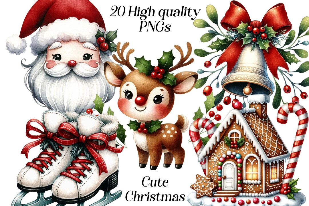 Watercolor Cute Christmas Clipart, 20 High Quality PNG Files, Xmas ...