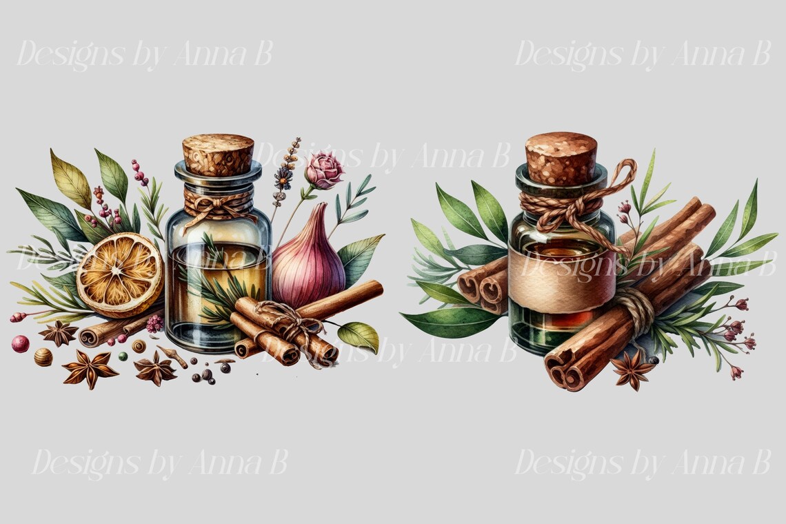 Watercolor Essential Oils Clipart: Botanical Aromatherapy PNG (digital ...