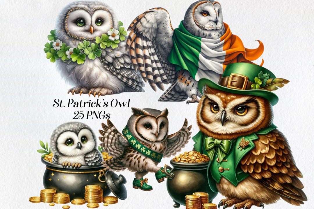 St. Patrick's Clipart, Owl Png, Watercolor St. Patricks Animals, Cute ...