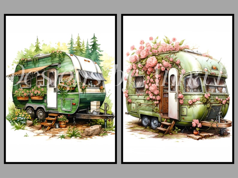 Watercolor Camping Trailer Clipart: Floral Summer Travel (digital ...