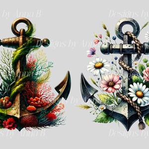 Watercolor Floral Anchors Clipart, 15 High Quality PNG Files, Nautical ...