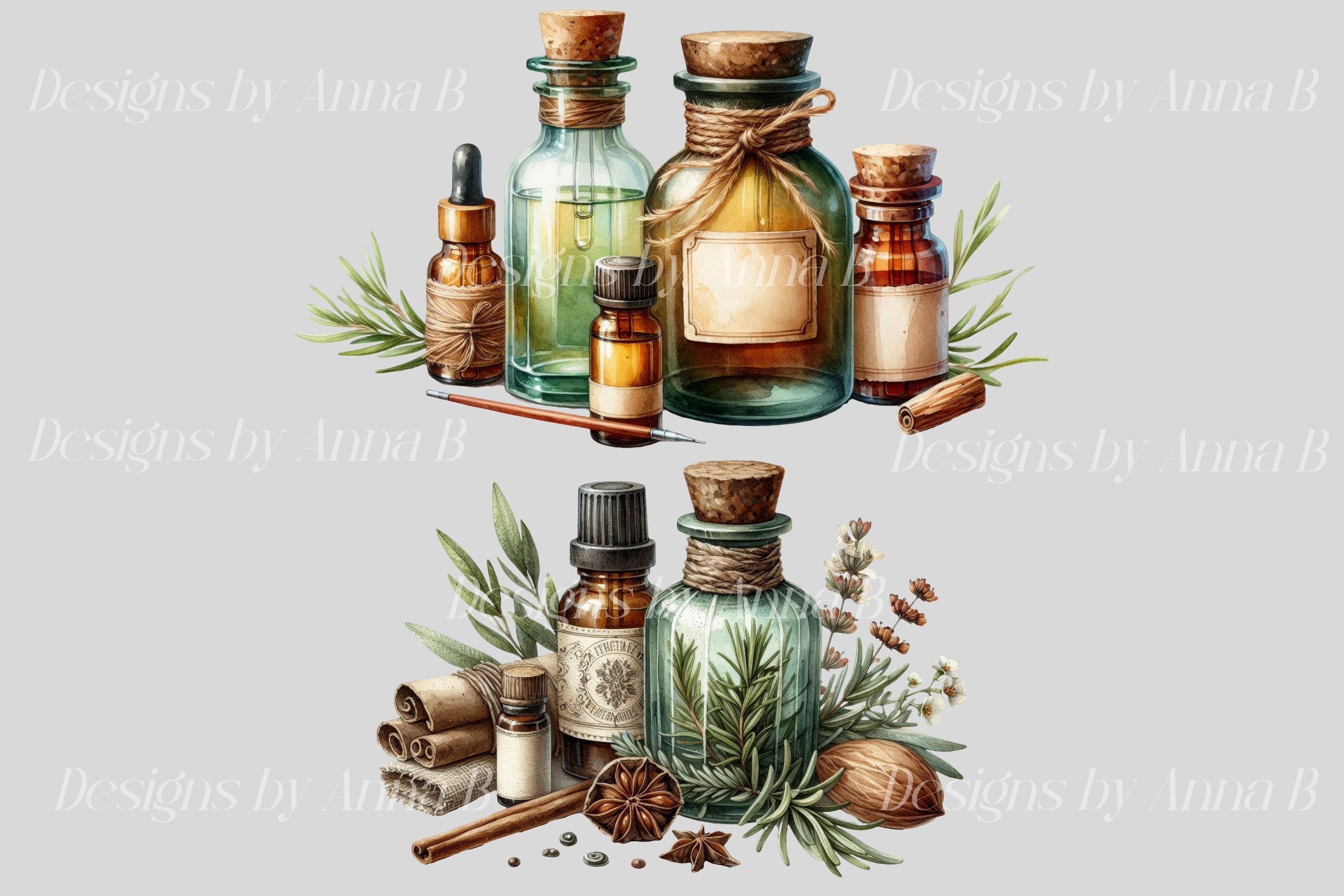 Watercolor Essential Oils Clipart: Botanical Aromatherapy PNG (digital ...