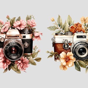 Watercolor Floral Vintage Camera Clipart, 10 High Quality PNG Files ...