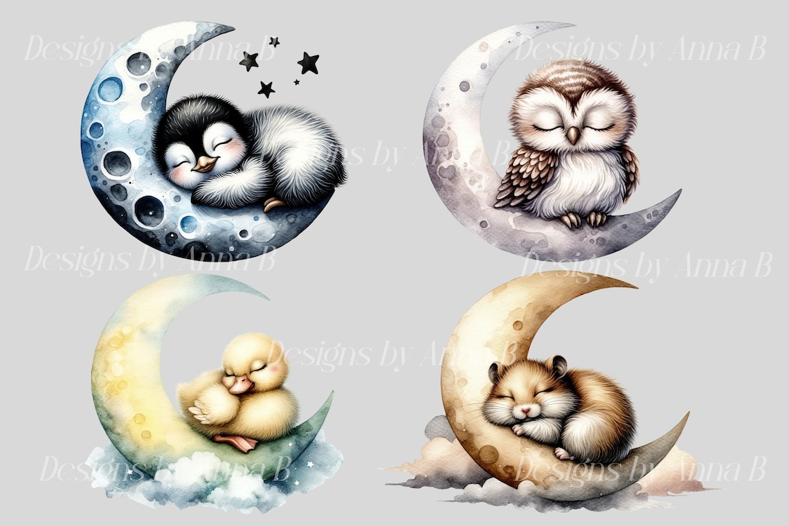 Watercolor Sleepy Animals on Crescent Moon Clipart (PNG Files) - Etsy