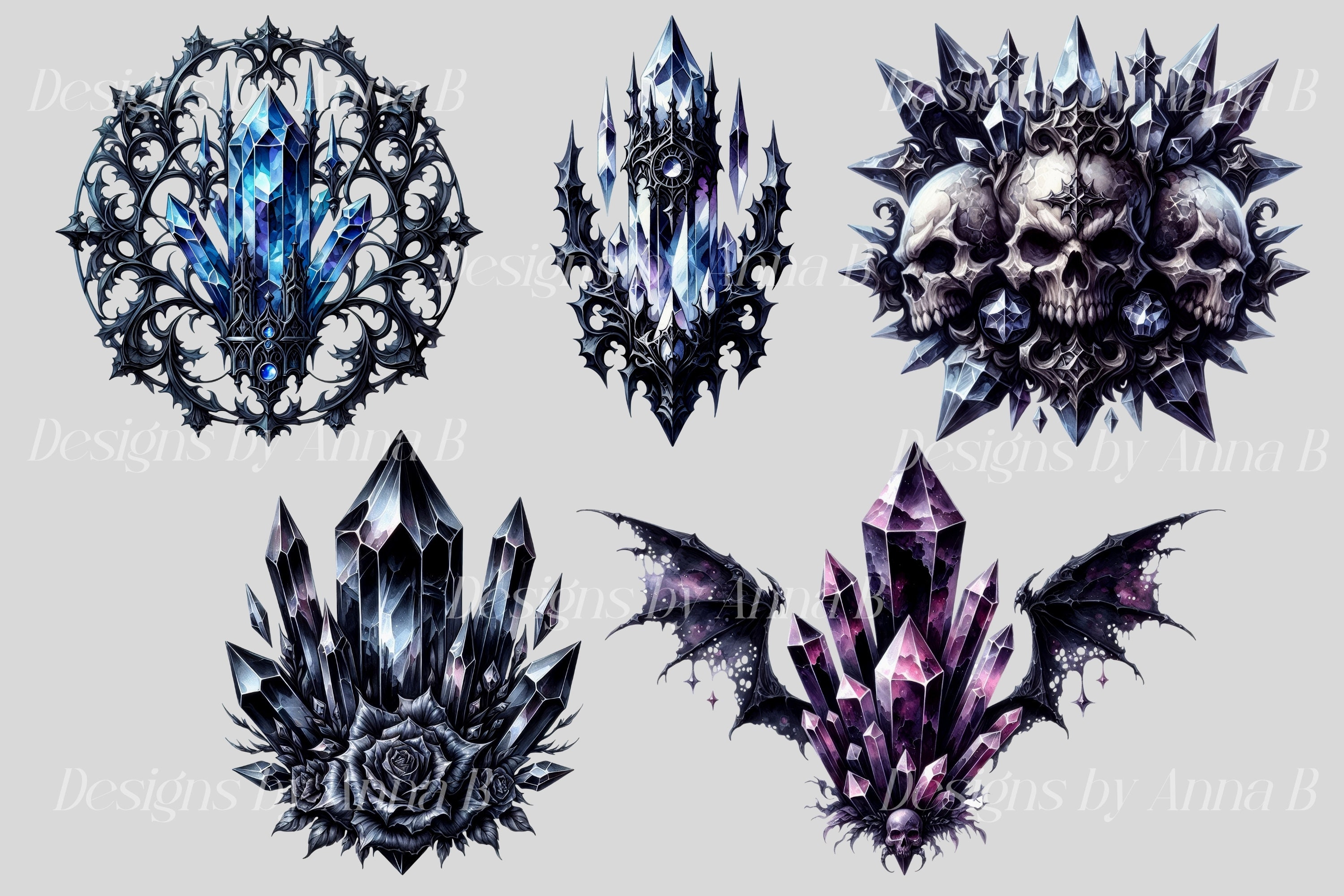 Watercolor Gothic Crystals Clipart: Dark Magic Gems (30 Pngs) (digital ...