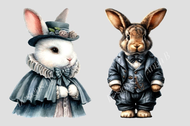 Watercolor Victorian Bunny Clipart: Animal PNG Images (digital Download ...