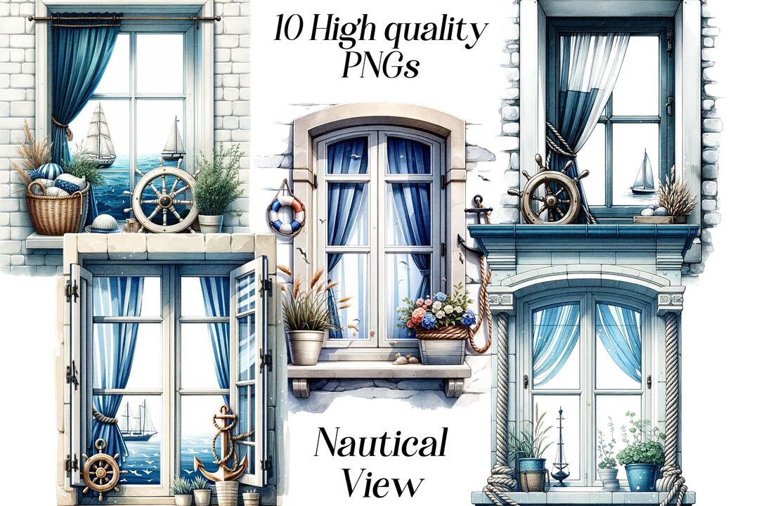 Watercolor Nautical View Clipart, 10 High Quality PNG Files, Window ...
