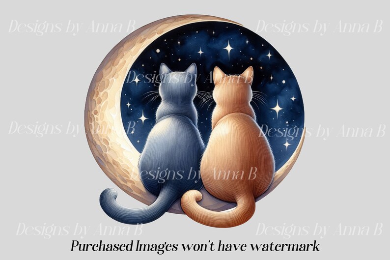 Watercolor Cats Clipart: Celestial Moon PNG Graphics (digital Download ...