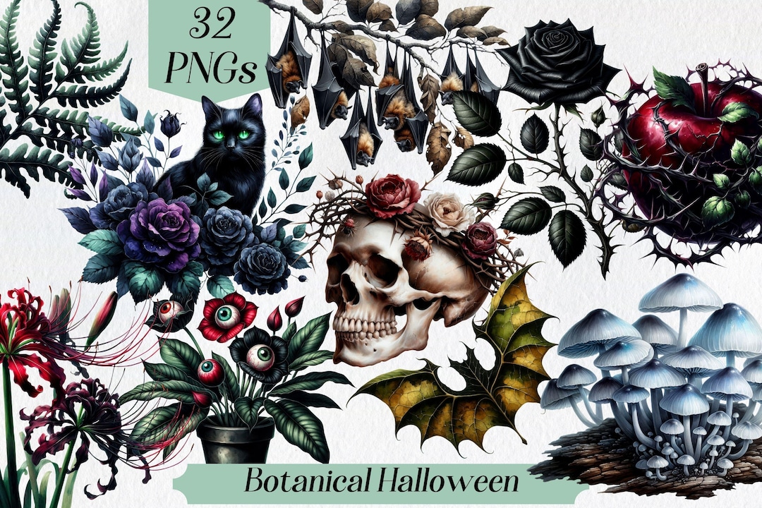 Botanical Halloween Clipart: Gothic Skull, Flowers, Leaves (PNG Digital ...