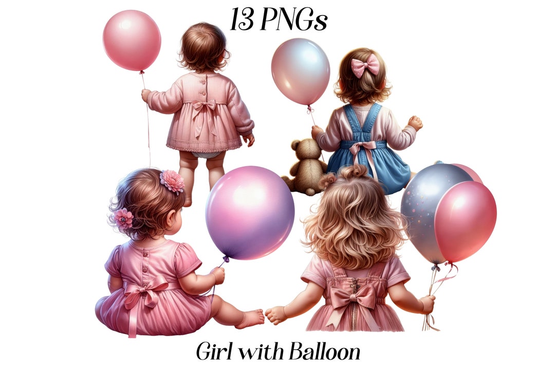 Watercolor Girl With Balloon Clipart, 13 PNG Files, Cute Girl, Toddler ...