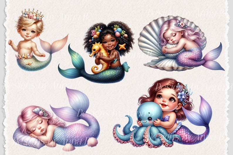 Watercolor Baby Mermaid Clipart, Nursery Art PNG (digital Download) - Etsy
