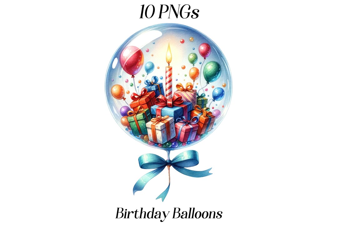 Watercolor Birthday Balloons Clipart, 10 High Quality PNG Files ...