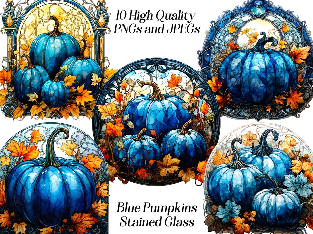 Watercolor Blue Pumpkins Clipart, 10 PNG Files, Stained Glass, Autumn ...