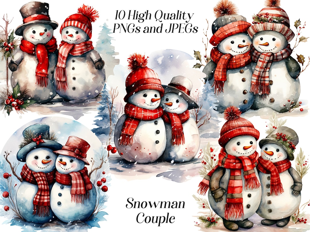 Watercolor Snowman Couple Clipart, 10 High Quality JPEG and PNG Files ...