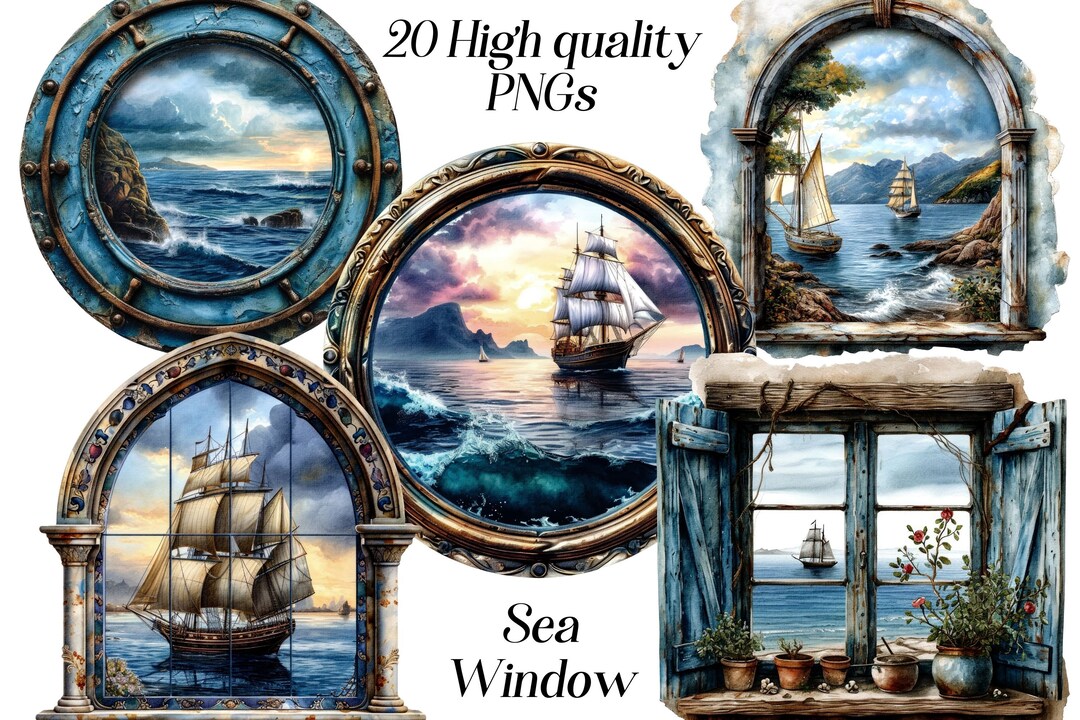 Sea Window Clipart: Nautical Ocean View PNG Graphics (digital Download ...