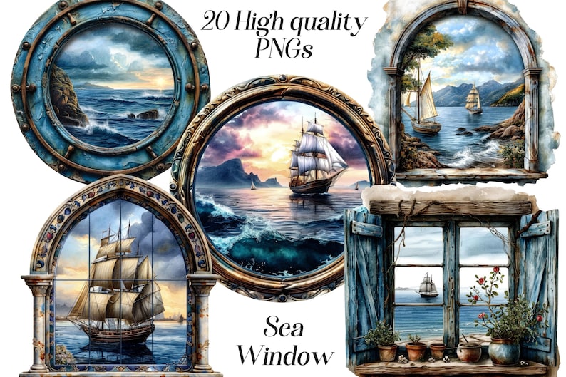 Sea Window Clipart: Nautical Ocean View PNG Graphics (digital Download ...
