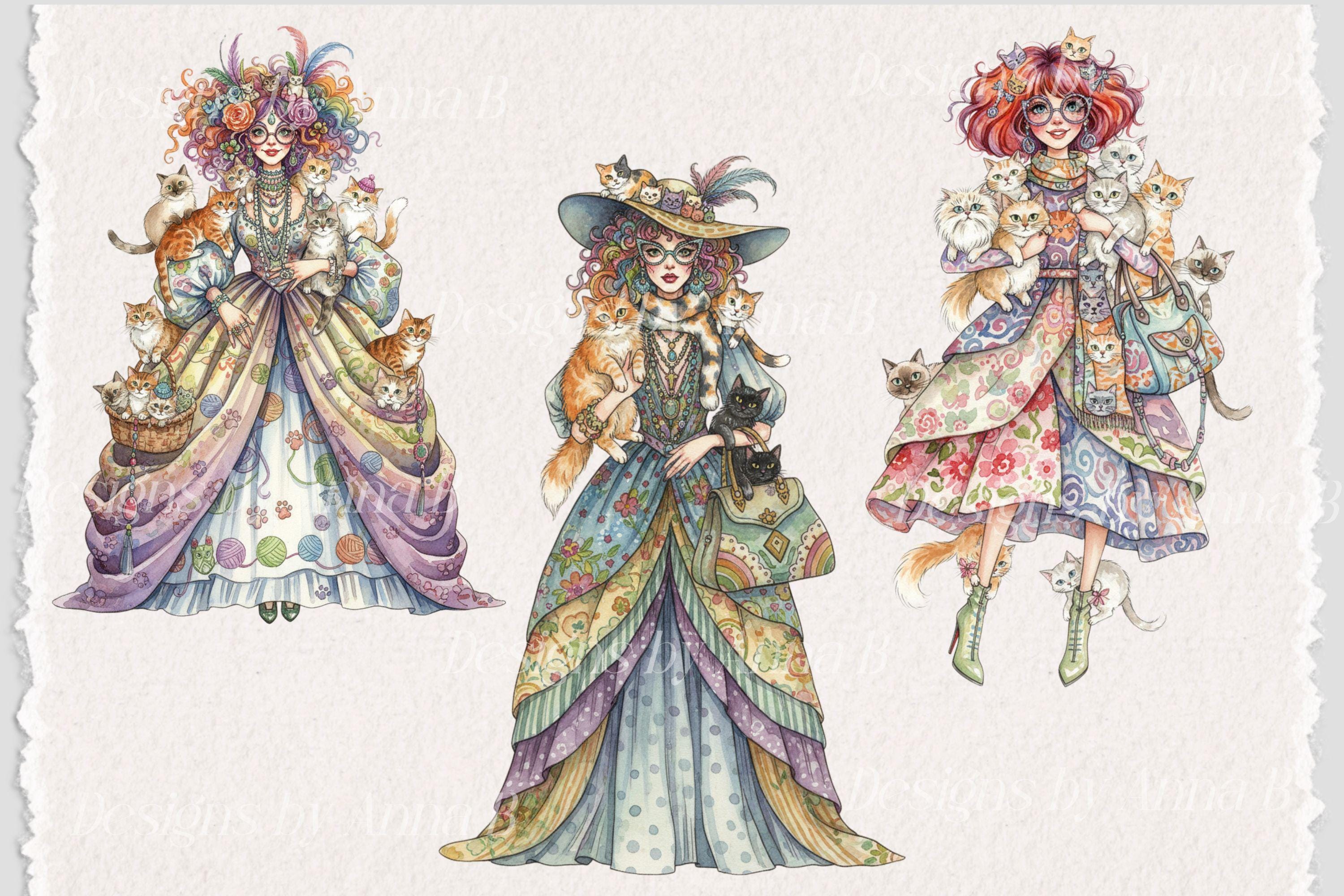 Whimsical Crazy Cat Lady Clipart: Fashion Illustration PNG Set (digital ...