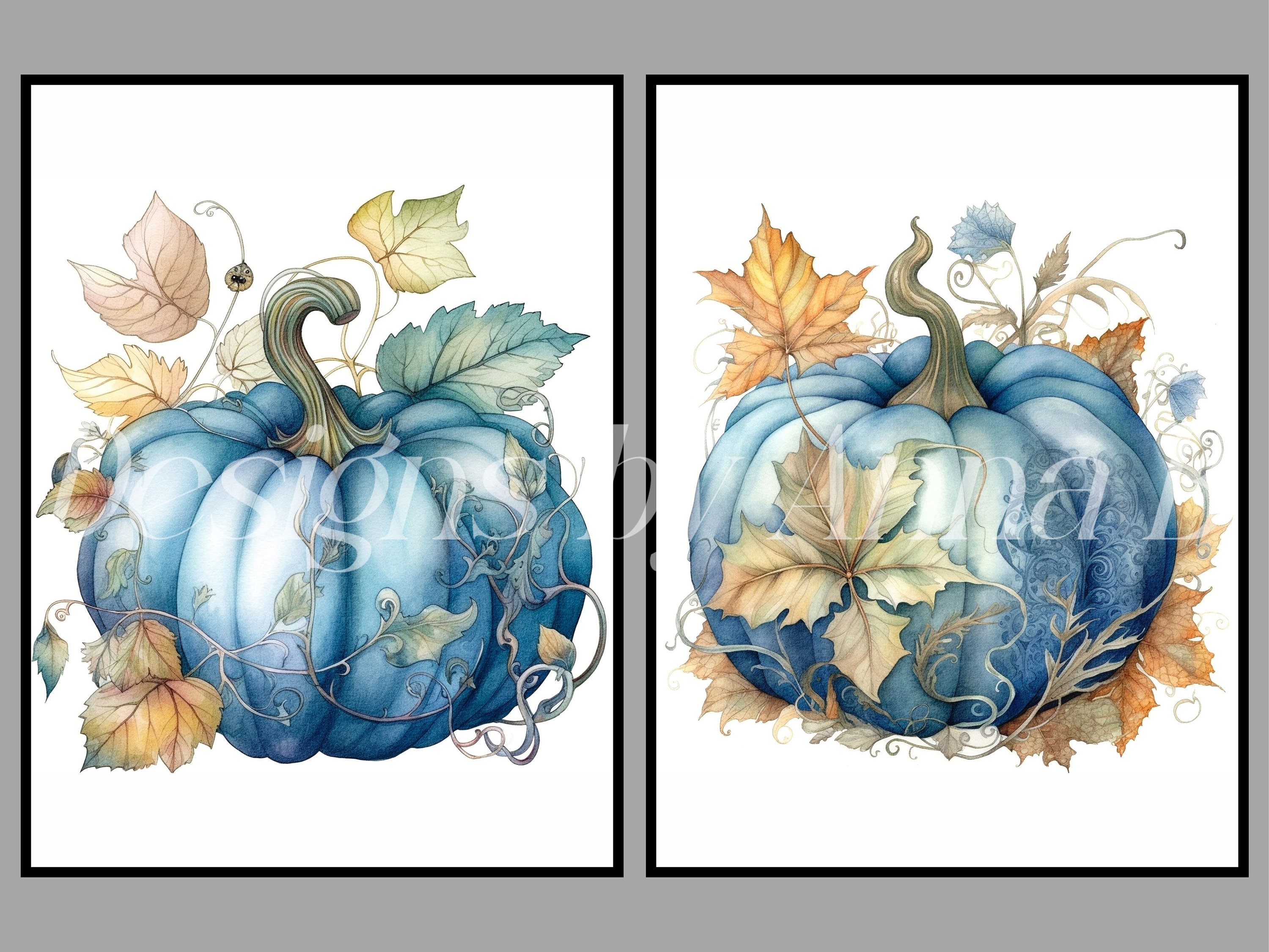 Watercolor Blue Pumpkins Clipart: Cottagecore Printables (JPEG, PNG) - Etsy