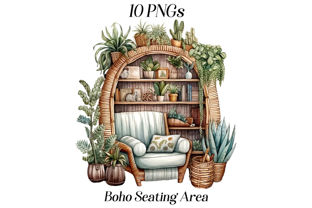 Watercolor Boho Seating Area Clipart, 10 High Quality JPEG and PNG ...