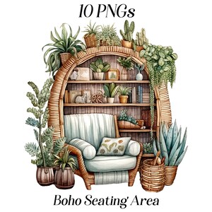 Watercolor Boho Seating Area Clipart, 10 High Quality JPEG and PNG ...