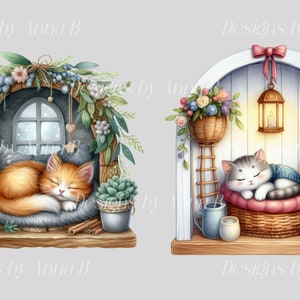 Watercolor Sleeping Cat Clipart, 10 High Quality PNG Files, Cute Cat ...