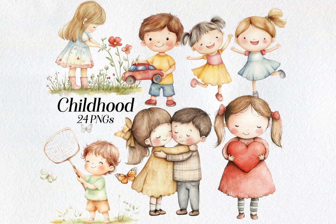 Childhood Clipart - Cute Watercolor Kids Playing PNG, Adorable Boy and ...
