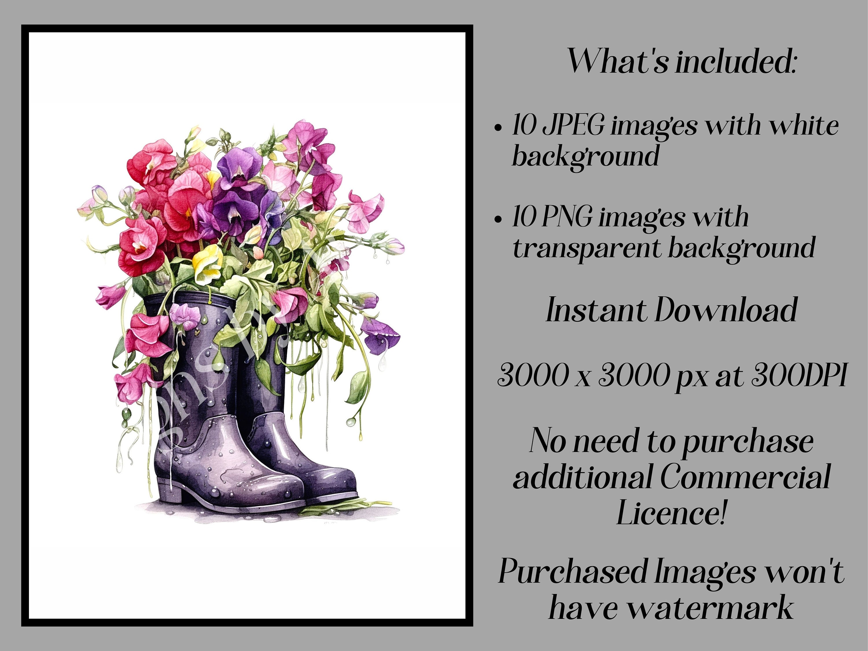 Watercolor Garden Boots Clipart 10 High Quality JPEG and PNG - Etsy