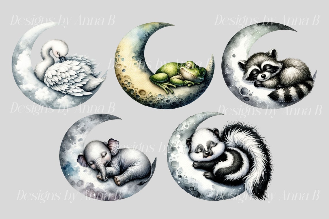 Watercolor Sleepy Animals on Crescent Moon Clipart (PNG Files) - Etsy